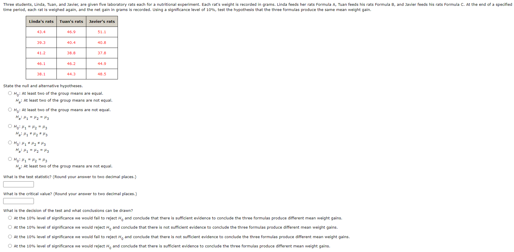 Solved State the null and alternative hypotheses. H0 : At | Chegg.com