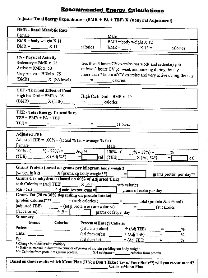 Nutrition EXSS 200 Caloric Metabolic Worksheet | Chegg.com
