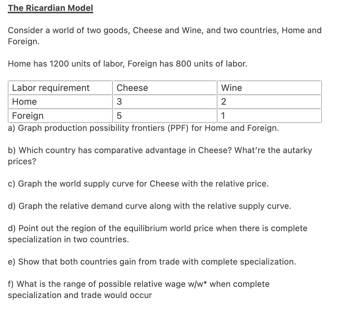 The Ricardian ModelConsider a world of two goods, | Chegg.com