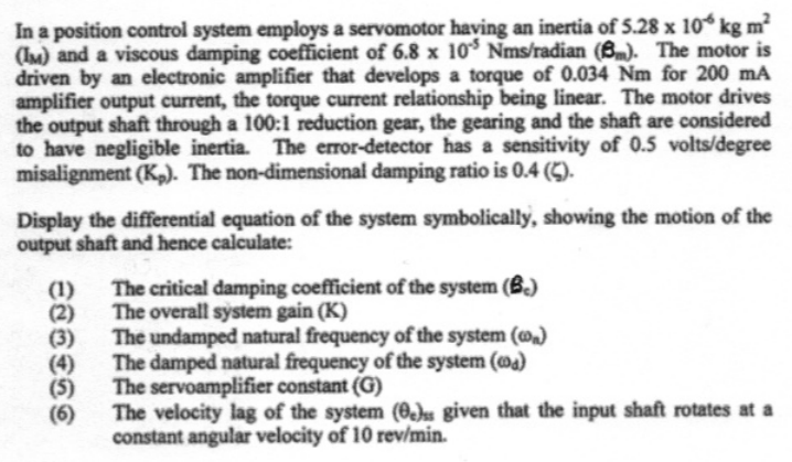 Solved In a position control system employs a servomotor | Chegg.com