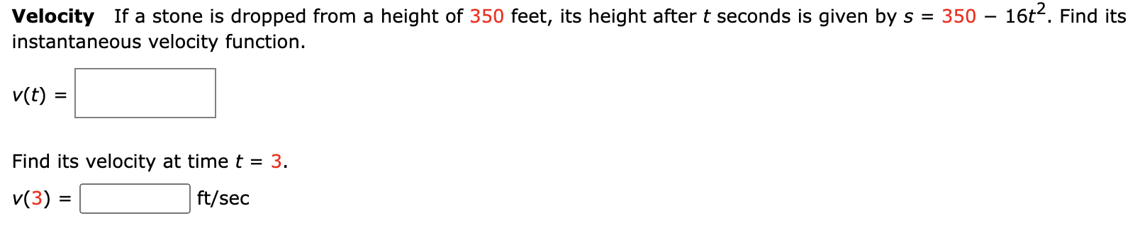Solved Velocity If a stone is dropped from a height of 350 | Chegg.com