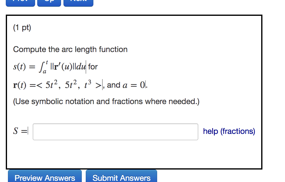 Solved (1 pt) Compute the arc length function s(t) = sa | Chegg.com