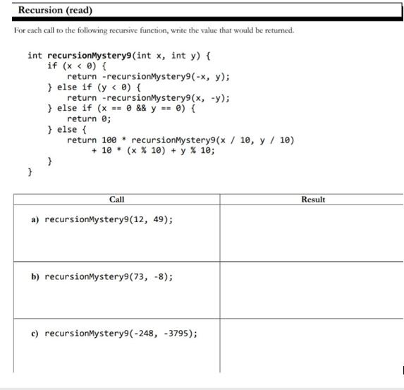 Solved Recursion (read) For each call to the following | Chegg.com