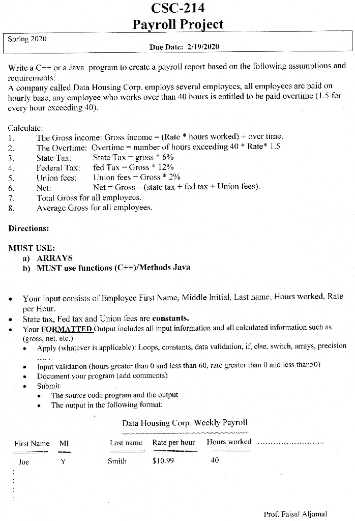 Solved CSC-214 Payroll Project Spring 2020 Due Date: | Chegg.com