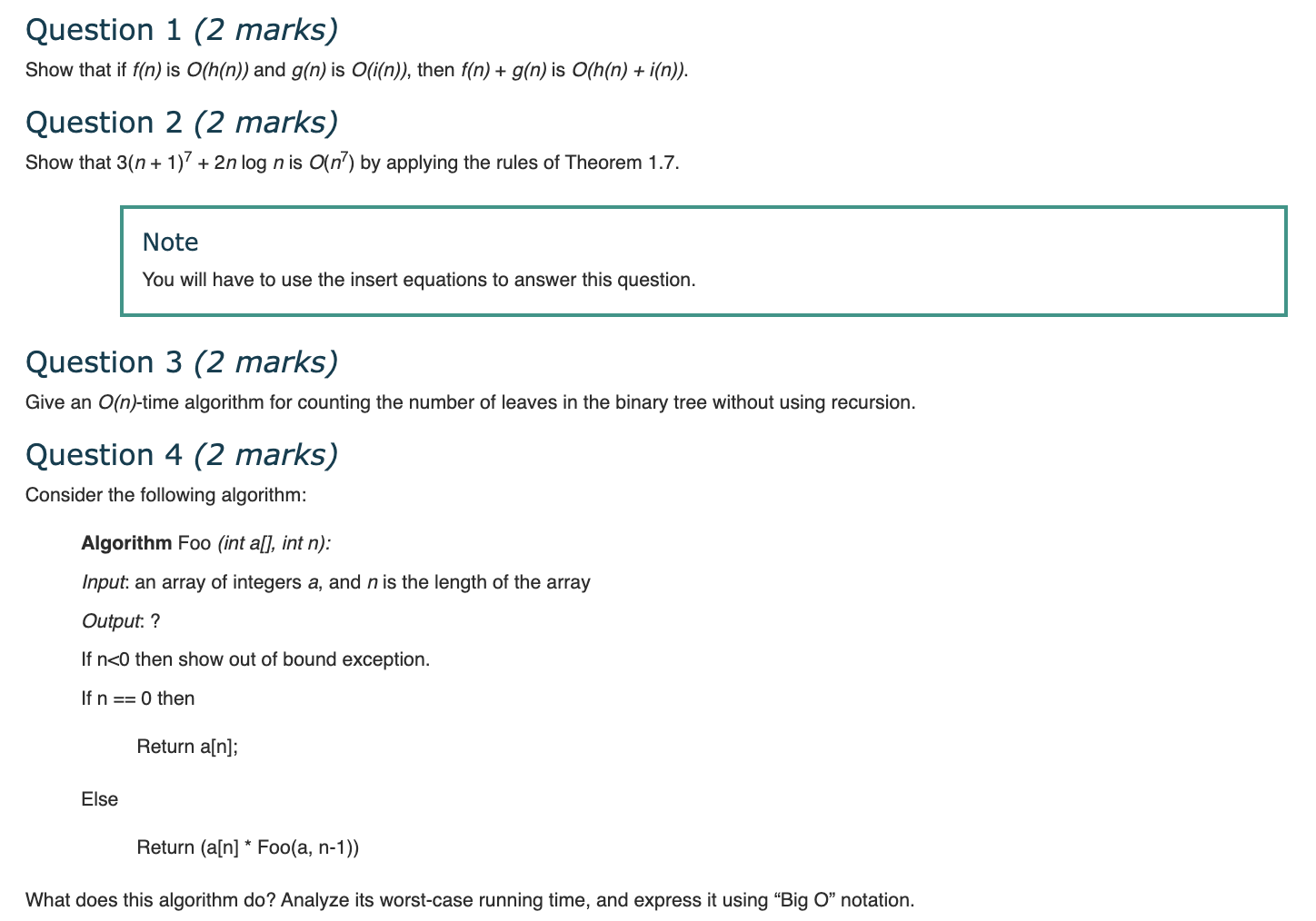 Solved Question 1 (2 ﻿marks)Show that if f(n) is O(h(n)) | Chegg.com