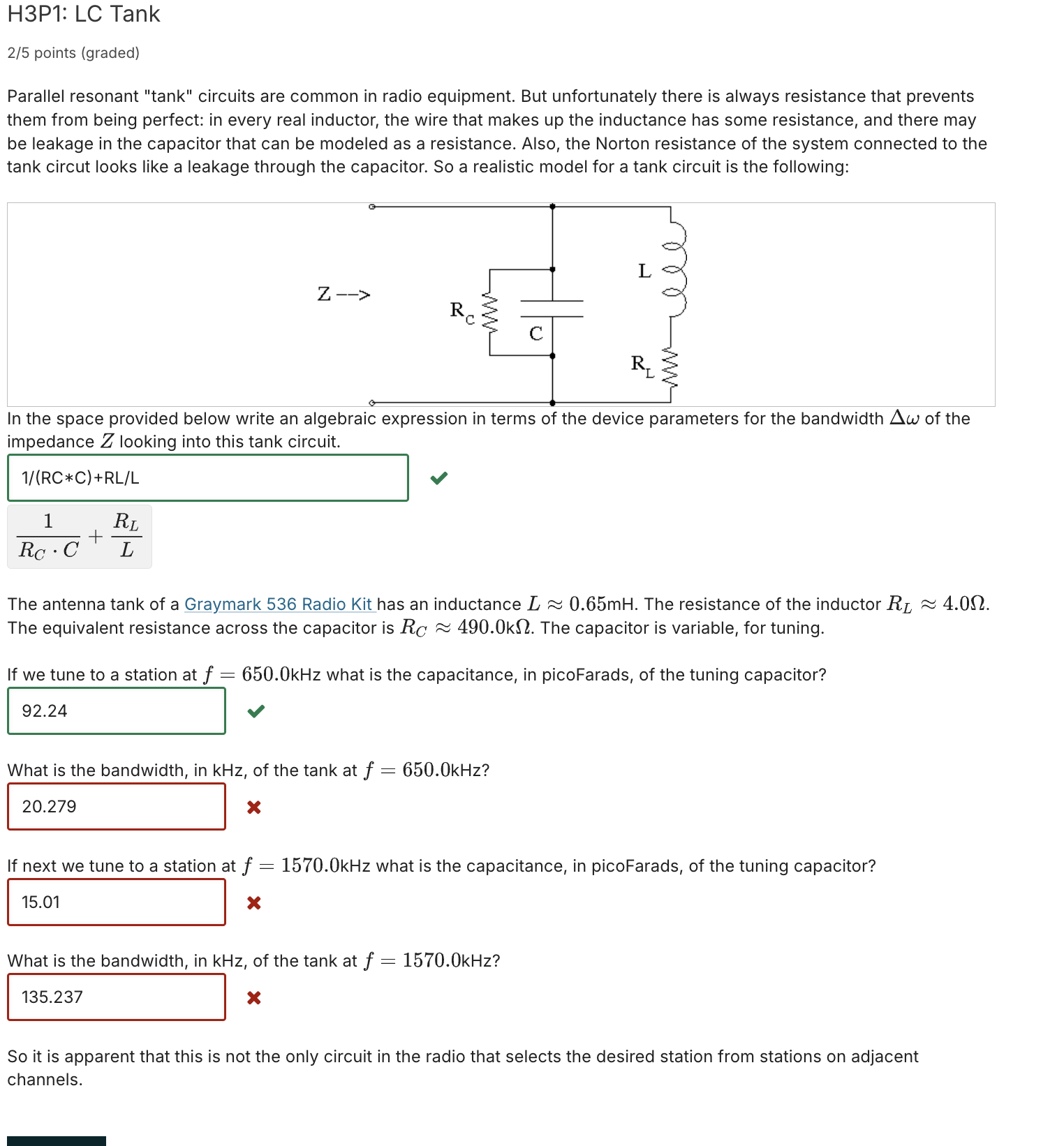Solved 25 ﻿points (graded)Parallel resonant "tank" circuits | Chegg.com