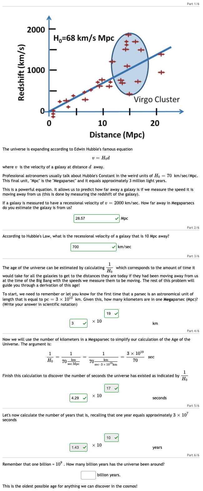 Solved Part 1/6 2000 Ho=68 km/s Mpc Redshift (km/s) 1000 | Chegg.com