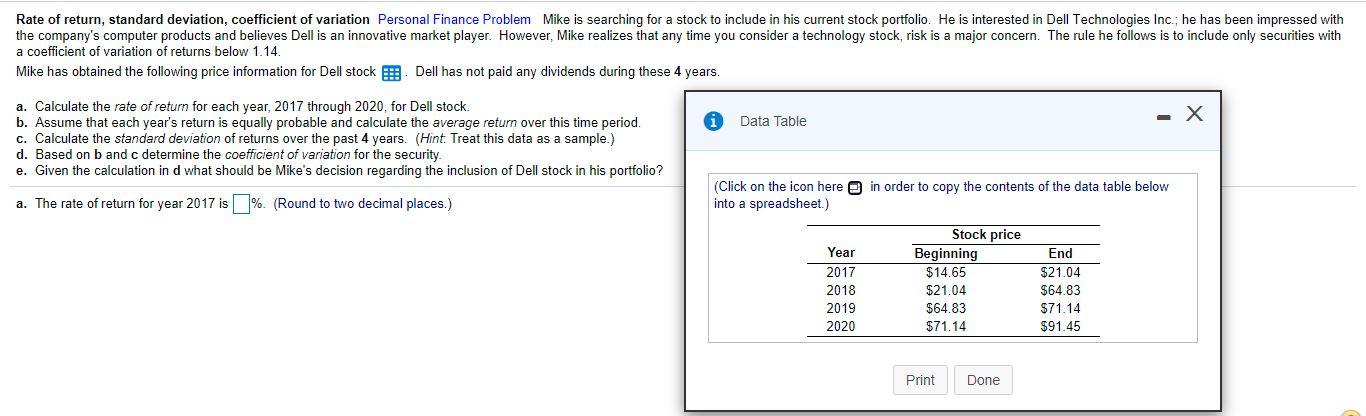 Solved Rate of return, standard deviation, coefficient of | Chegg.com