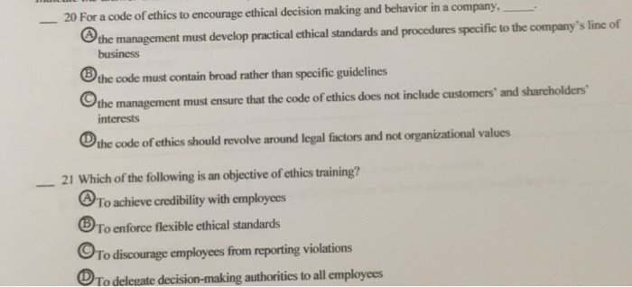 Solved 20 For a code of ethics to encourage ethical decision | Chegg.com