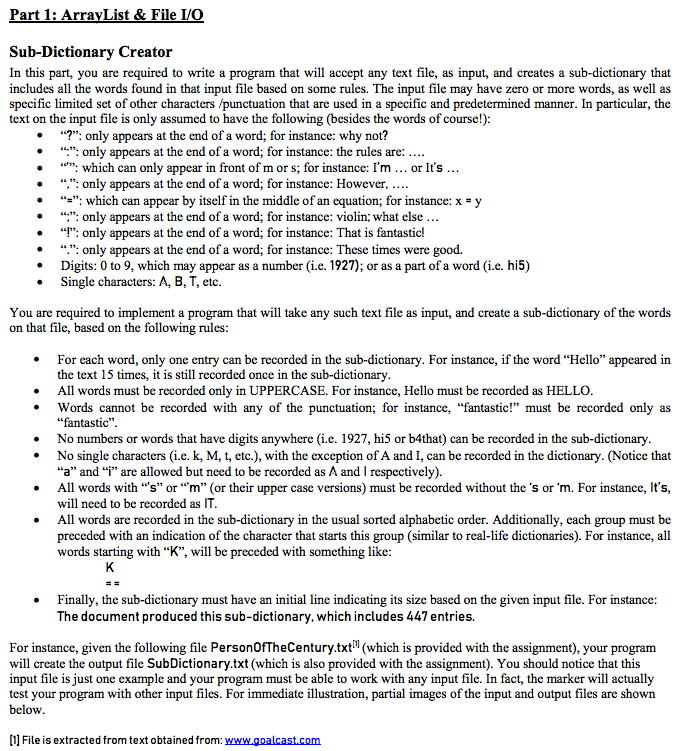 Part 1: ArrayList & File L/O Sub-Dictionary Creator | Chegg.com