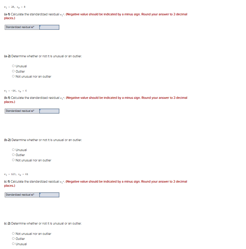 Solved ei=28,se=8(a-1) ﻿Calculate the standardized residual | Chegg.com