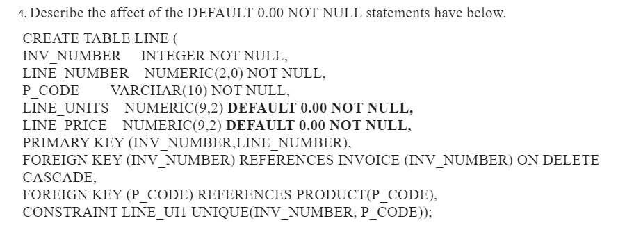 Solved 4. Describe the affect of the DEFAULT 0.00 NOT NULL | Chegg.com