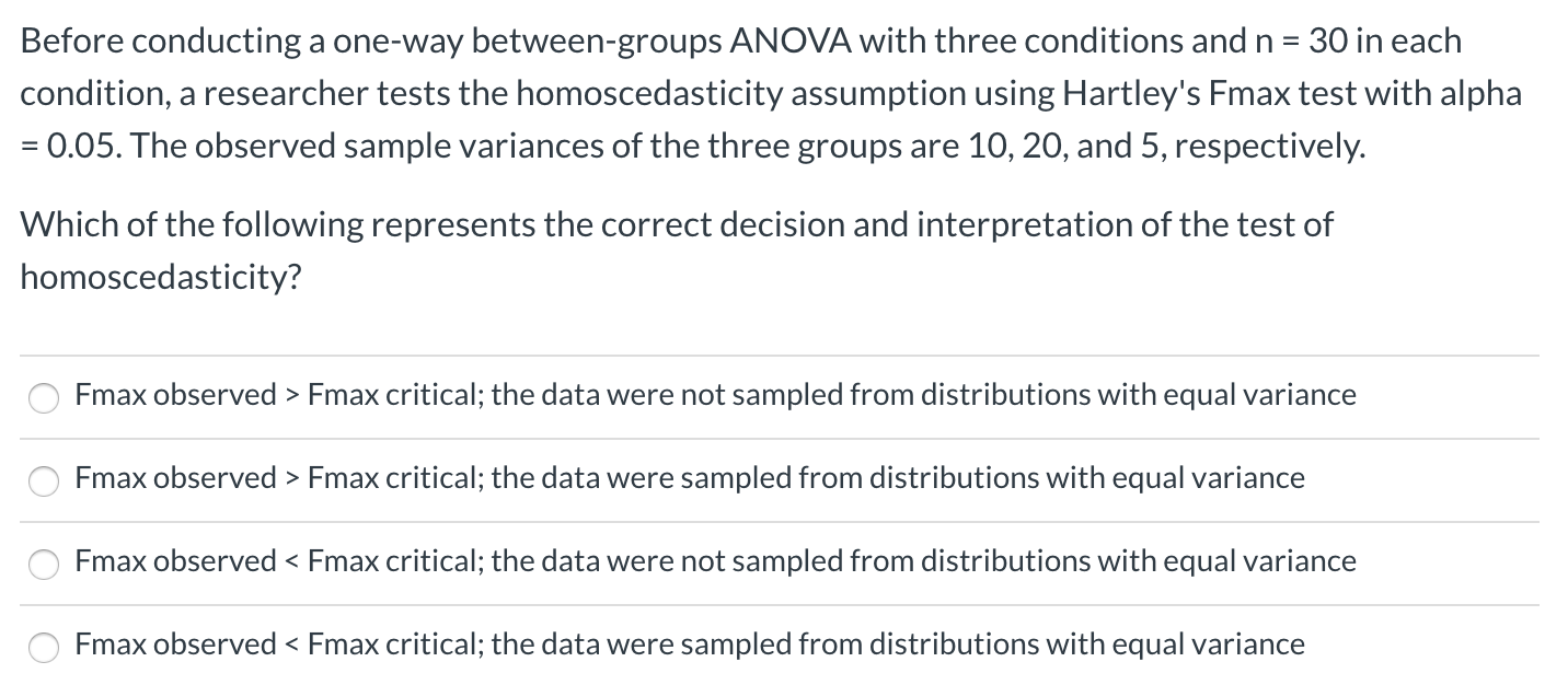 Solved Before conducting a one-way between-groups ANOVA with | Chegg.com