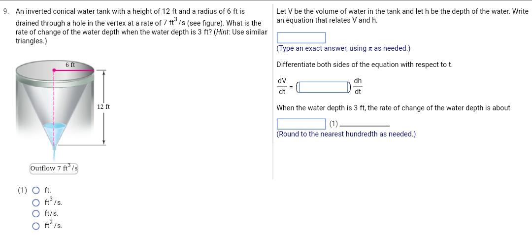 Solved 9. An inverted conical water tank with a height of | Chegg.com