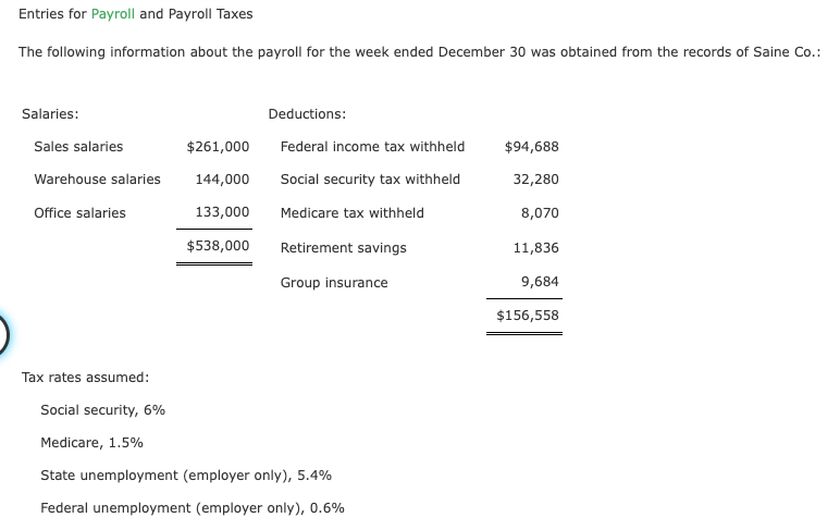 Solved Entries for Payroll and Payroll Taxes The following | Chegg.com