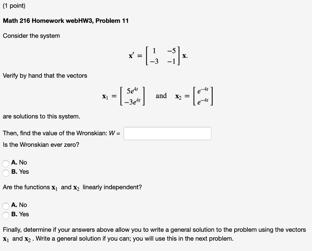 Solved (1 point) Math 216 Homework webHW3, Problem 11 | Chegg.com