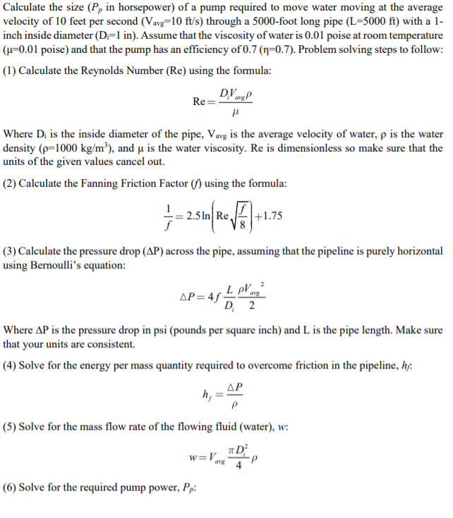 Solved Calculate the size (P, in horsepower) of a pump | Chegg.com