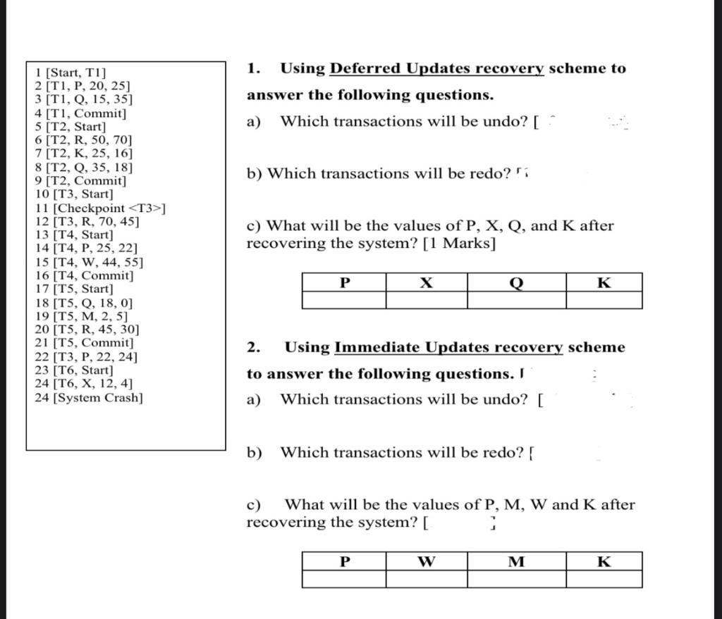 Solved 1. Using Deferred Updates recovery scheme to answer | Chegg.com
