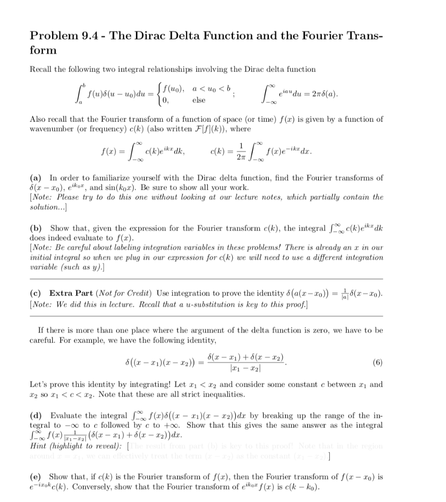 Solved Problem 9.4 - The Dirac Delta Function and the | Chegg.com