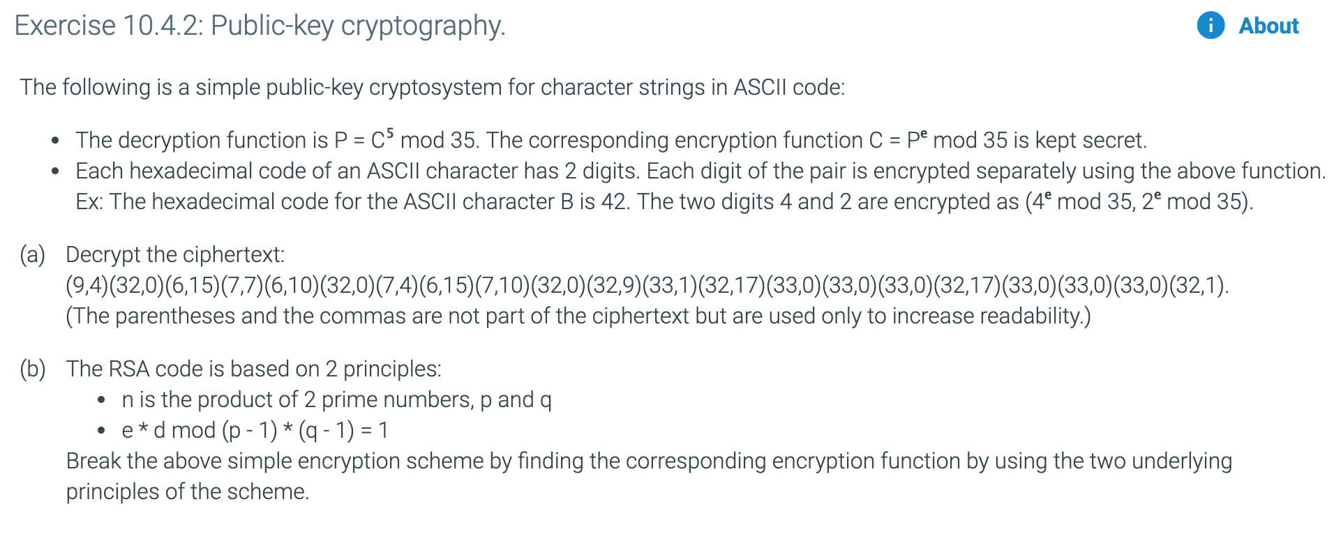 Exercise 10.4.2: Public-key cryptography. 0 About The | Chegg.com