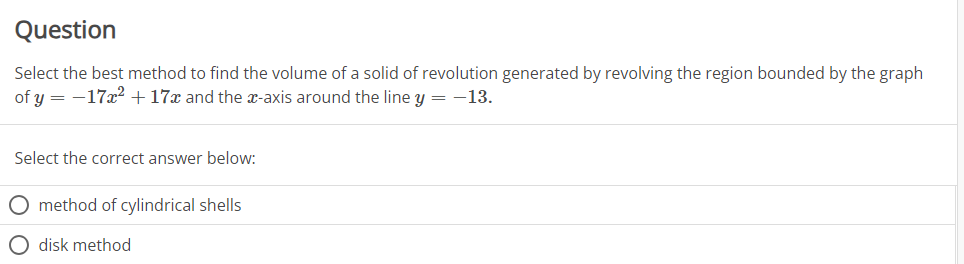 Solved Select the best method to find the volume of a solid | Chegg.com
