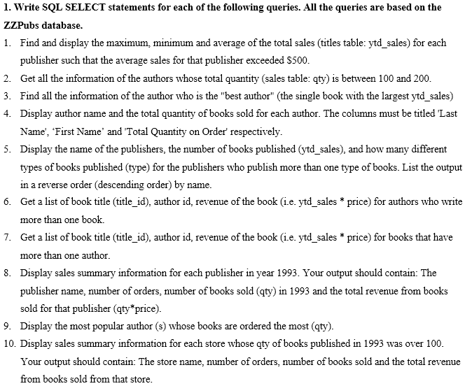 1. Write SQL SELECT statements for each of the | Chegg.com