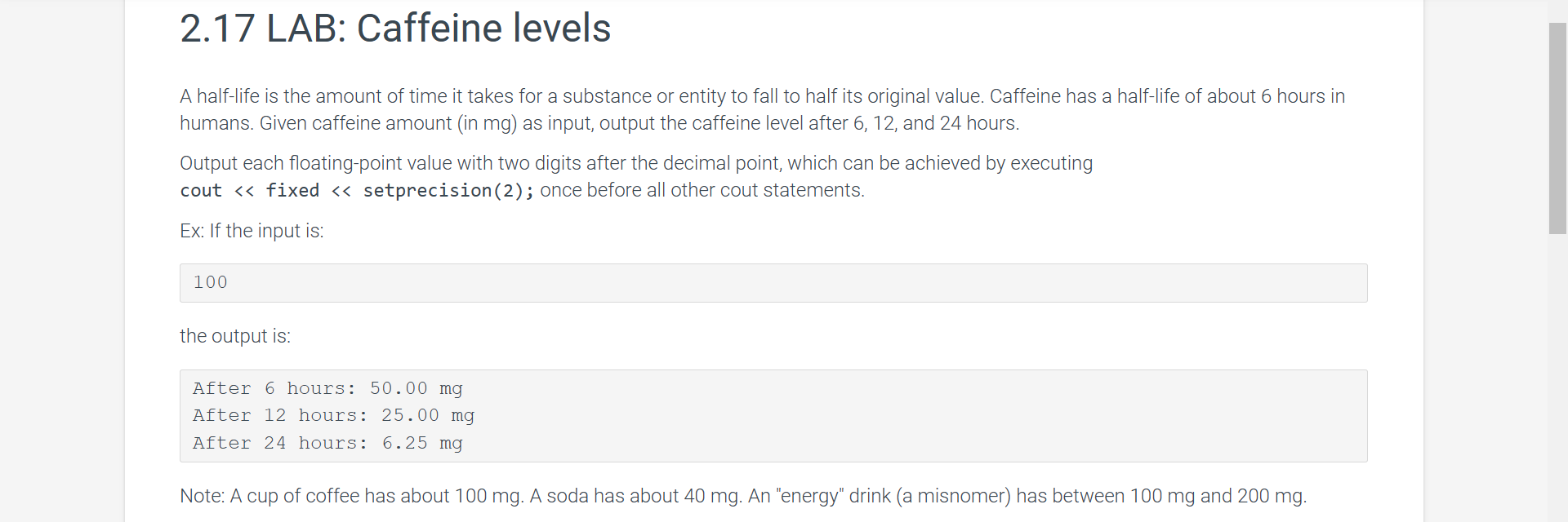 Solved 2.17 LAB: Caffeine levels A half-life is the amount | Chegg.com