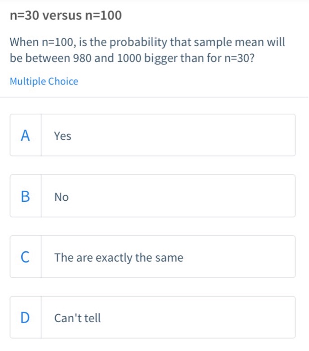 Solved n=30 versus n-100 When n-100, is the probability that | Chegg.com