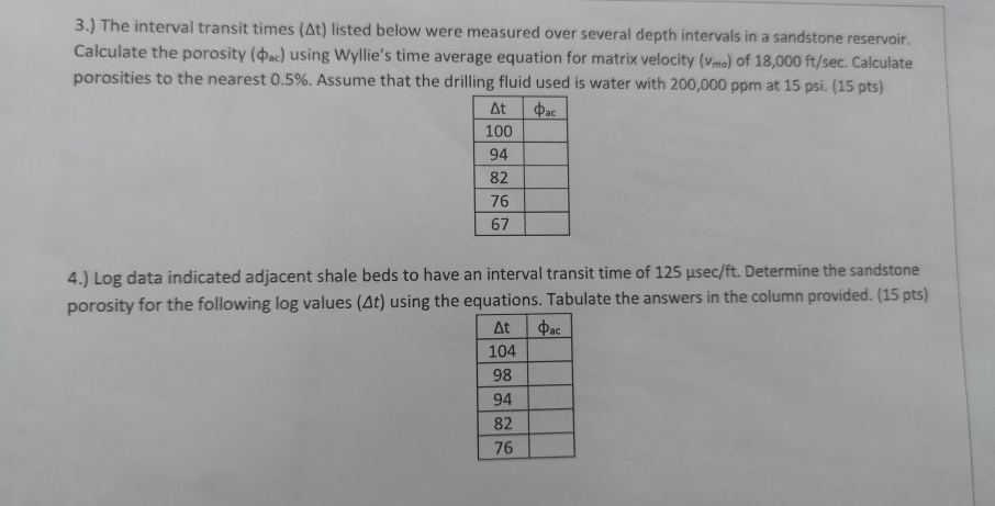 3.) The interval transit times (At) listed below were | Chegg.com