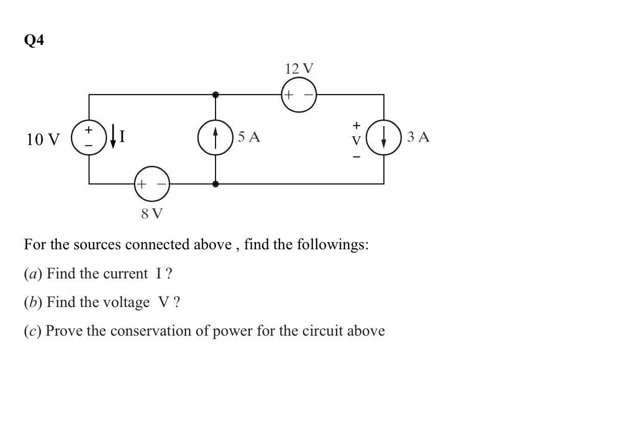 Solved Q4 12 V + + 10 V 5 A (0) ЗА V + 8V 2 For the sources | Chegg.com