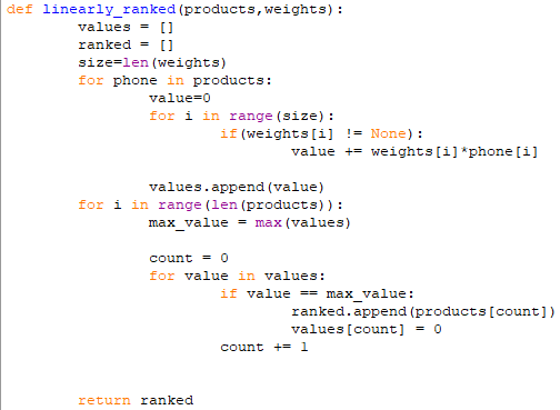 Solved def linearly_ranked (products, weights): values = [] | Chegg.com