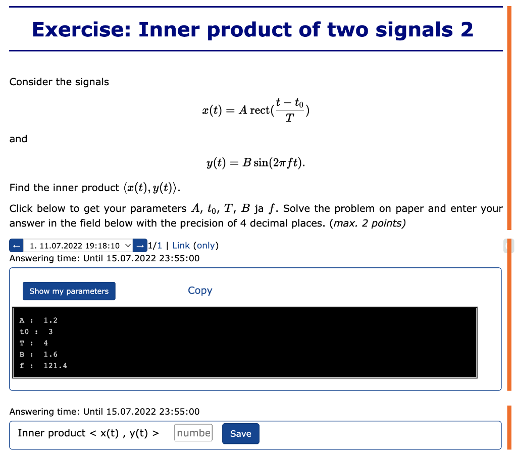 Solved Exercise: Inner product of two signals 2 Consider the | Chegg.com