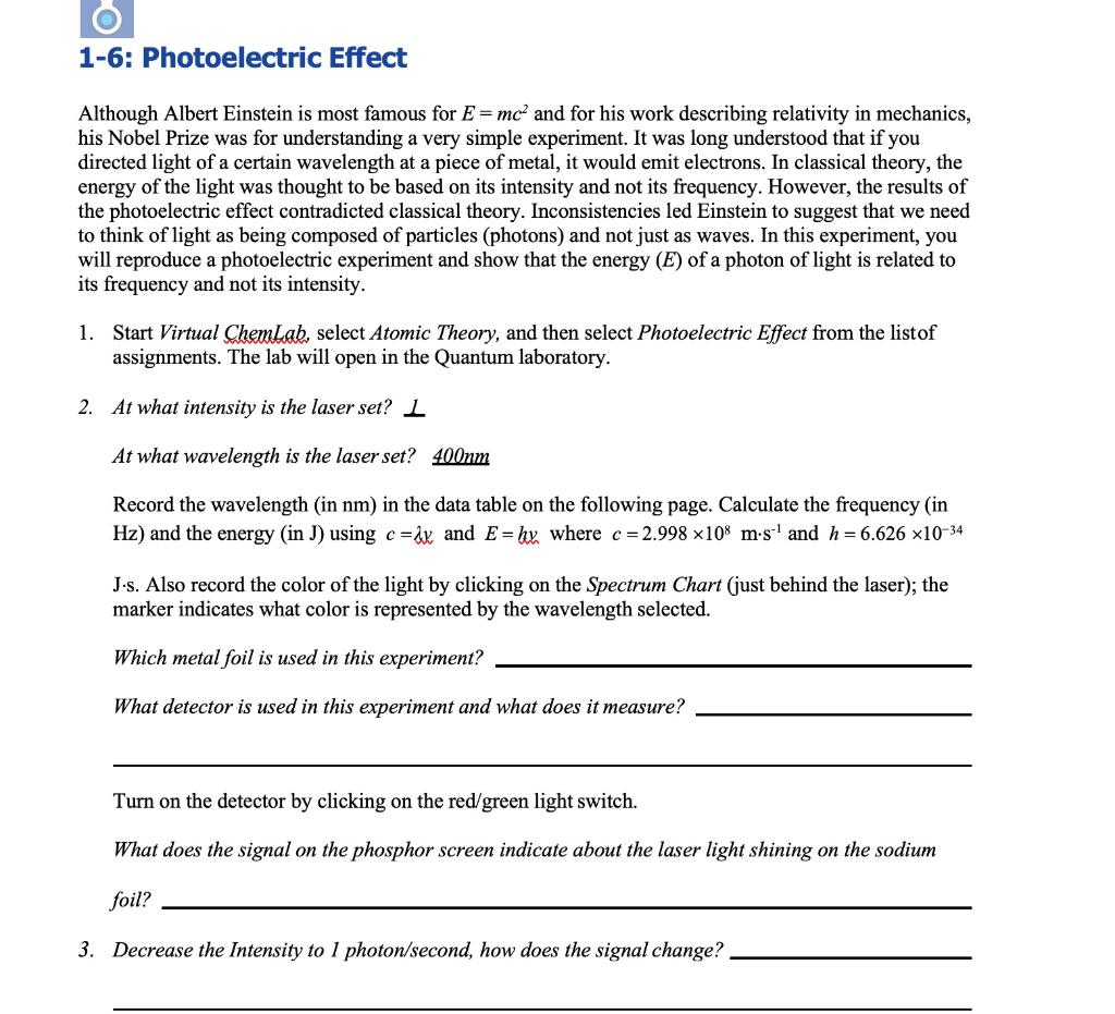 Solved 1-6: Photoelectric Effect Although Albert Einstein is | Chegg.com