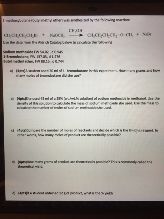 Solved 1-methoxybutane (butyl methyl ether) was synthesized | Chegg.com