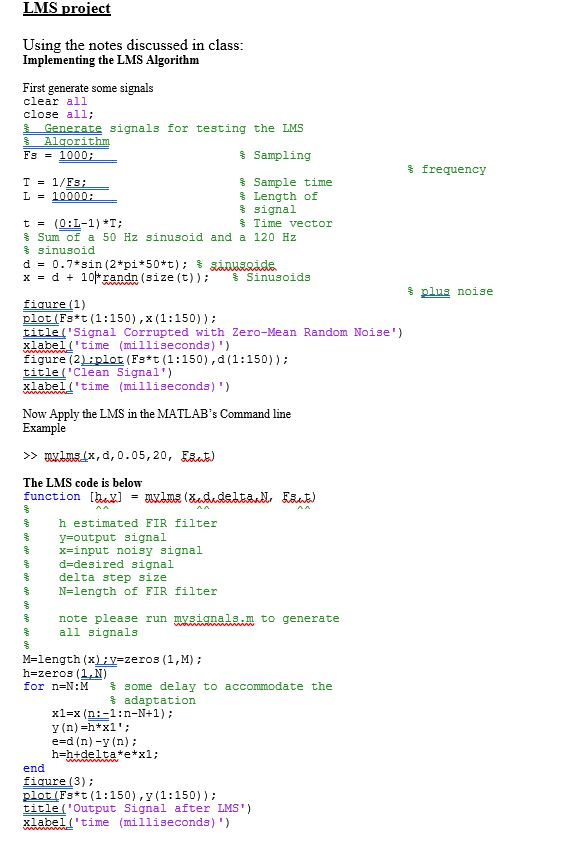 Solved implement the LMS algorithm to clean up the signal | Chegg.com