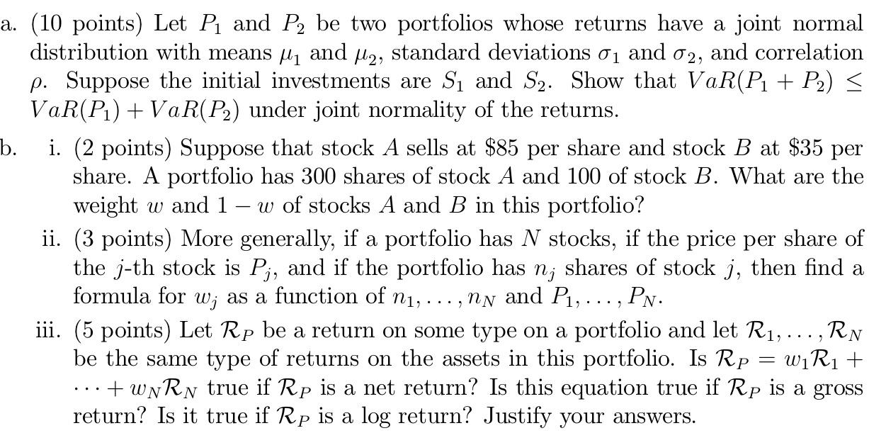 (10 points) Let P1 and P2 be two portfolios whose | Chegg.com