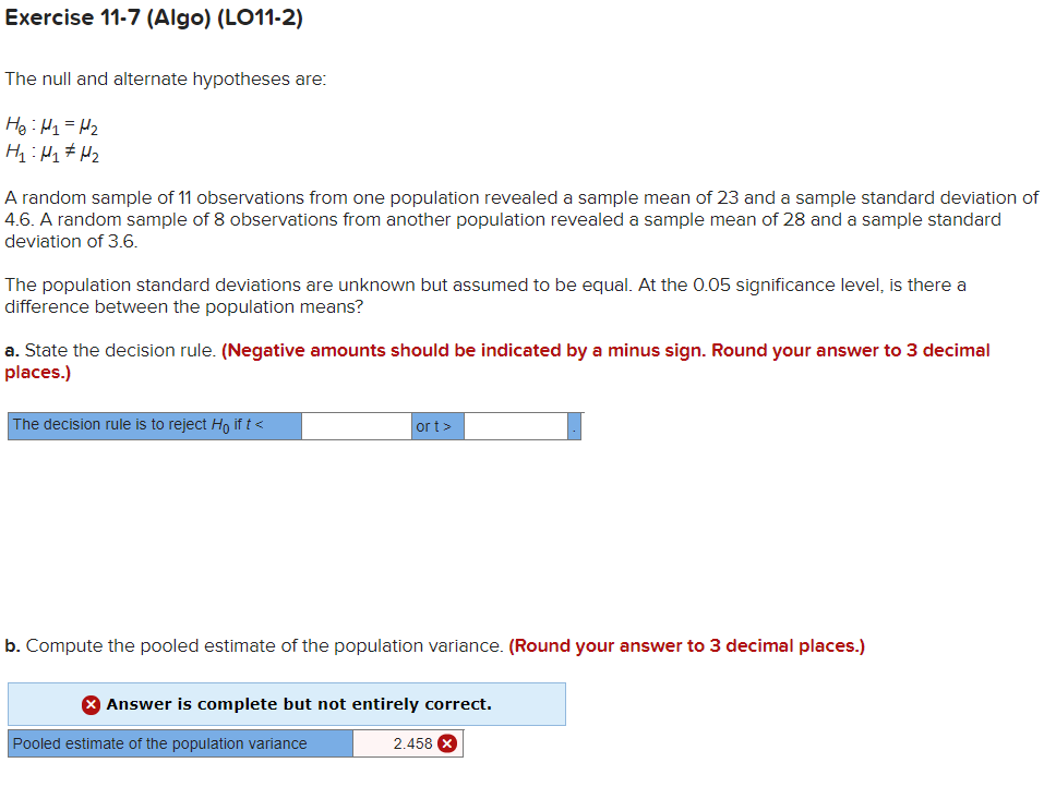Solved Exercise 11-7 (Algo) (LO11-2) The null and alternate | Chegg.com
