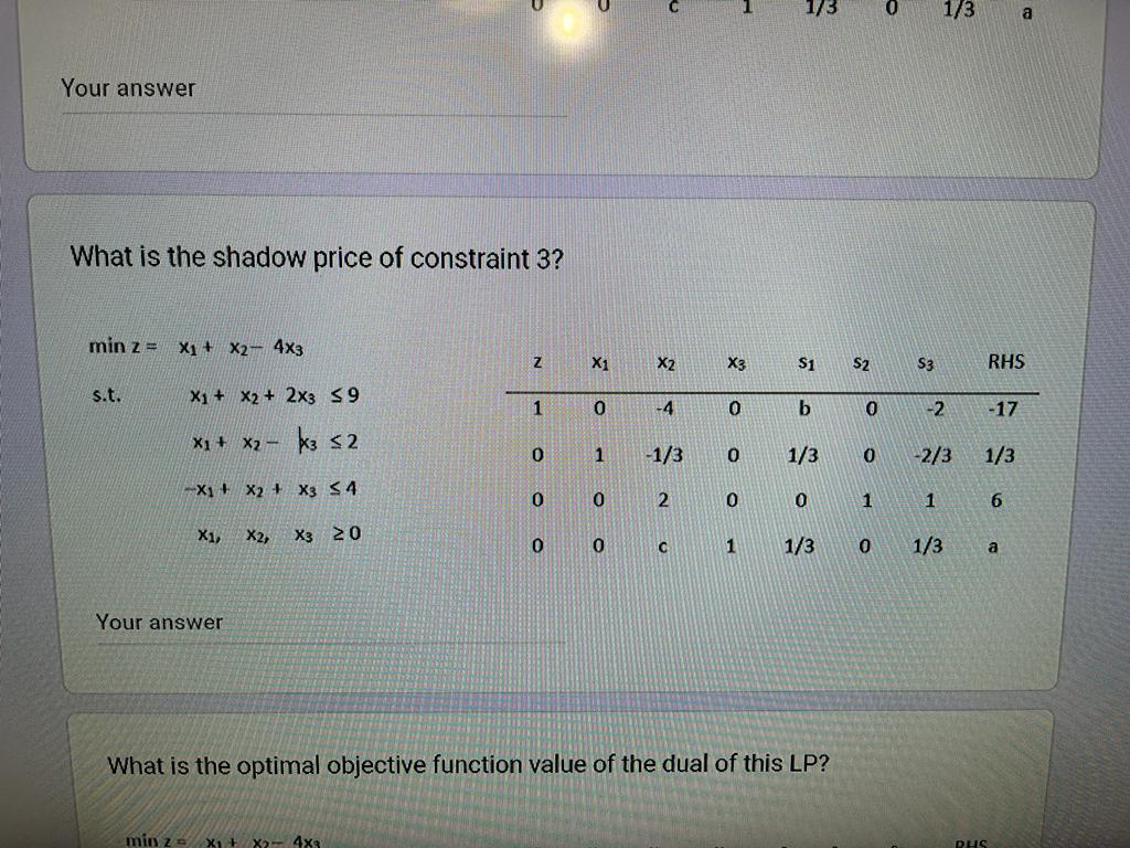 Solved Your answer What is the shadow price of constraint 3 | Chegg.com