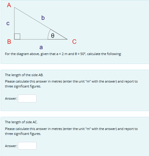 Solved For the diagram above, given that a=2m ﻿and θ=50°, | Chegg.com