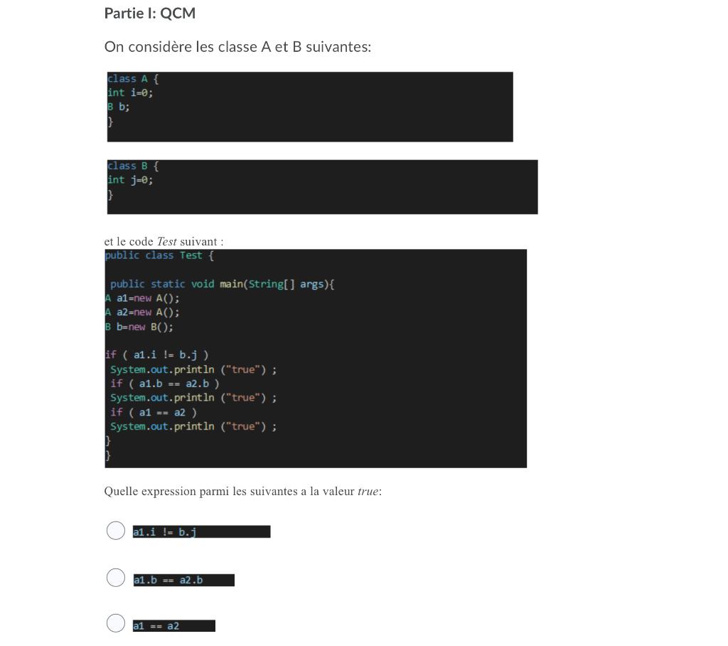 Solved Partie 1: QCM On considère les classe A et B | Chegg.com