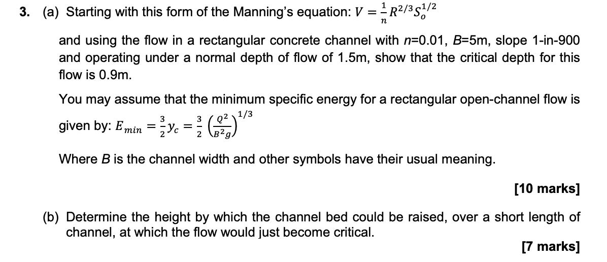 Solved 3. (a) Starting with this form of the Manning's | Chegg.com