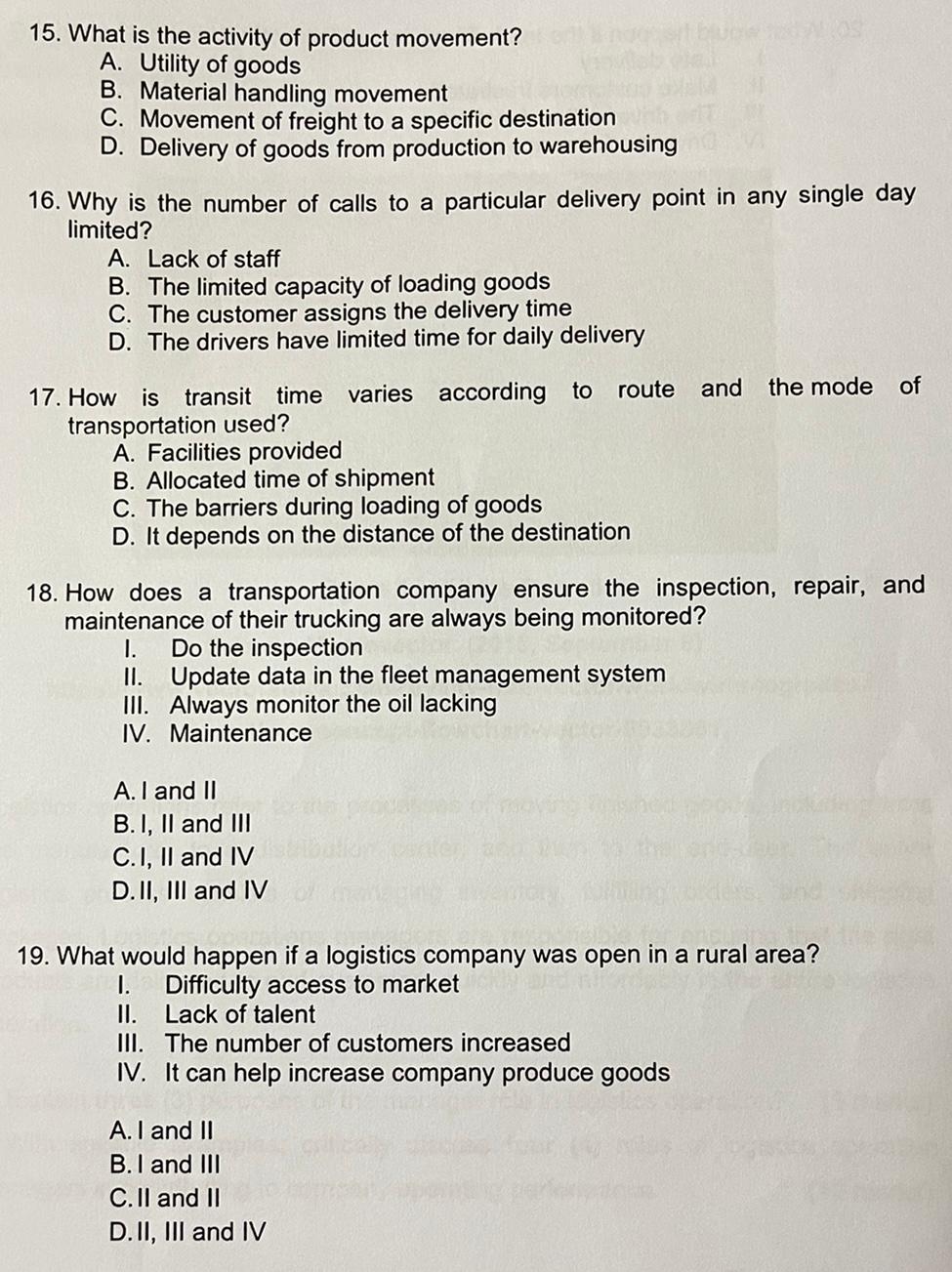 Solved 15. What is the activity of product movement? A. | Chegg.com