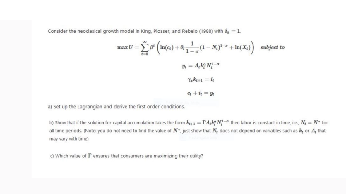 Solved Consider the neoclasical growth model in King, | Chegg.com