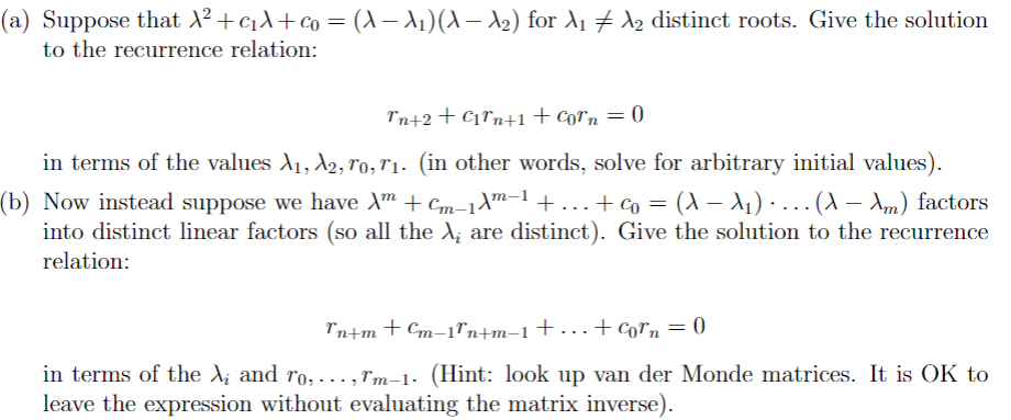 Solved a) Suppose that λ2+c1λ+c0=(λ−λ1)(λ−λ2) for λ1 =λ2 | Chegg.com