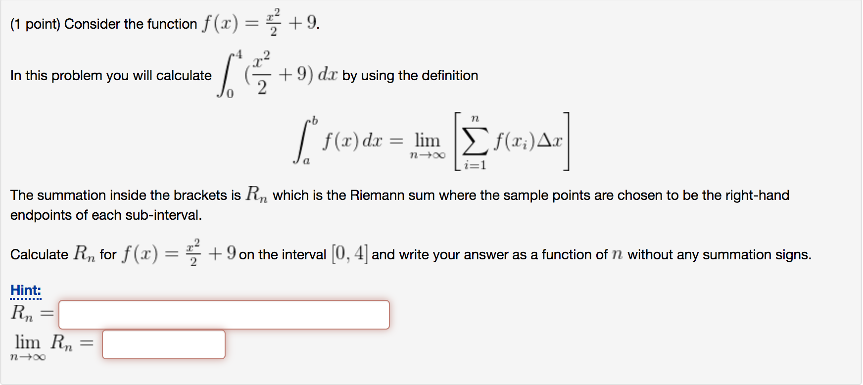 Solved (1 point) Consider the function f(x) = + 9. x2 In | Chegg.com