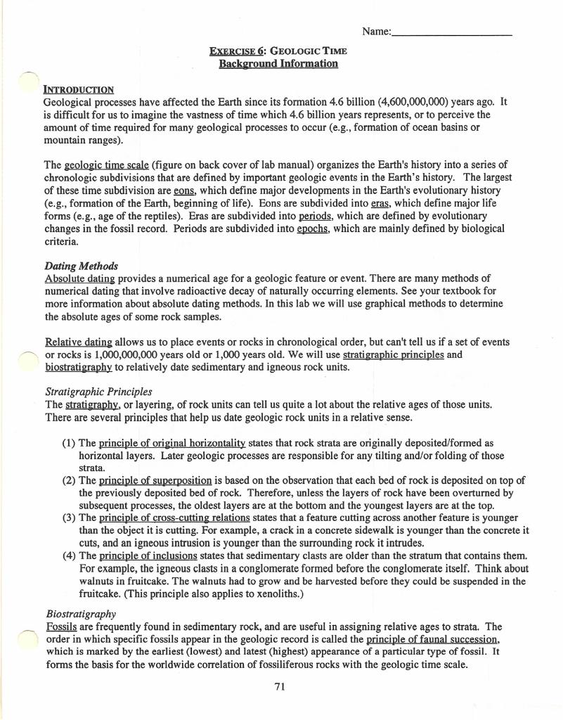 Name: EXERCISE 6: GEOLOGIC TIME Background | Chegg.com