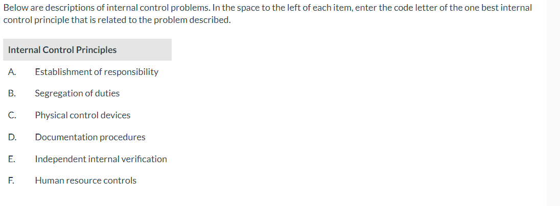 Below are descriptions of internal control problems. | Chegg.com