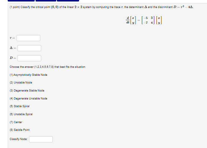 Solved (1 point) Classify the critical point (0,0) of the | Chegg.com Solved (1 point) Classify the critical point (0,0) of the | Chegg.com