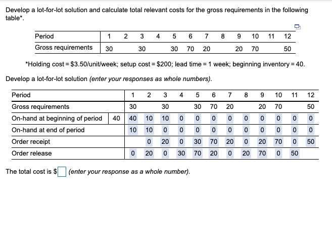 Solved Develop a lot-for-lot solution and calculate total | Chegg.com