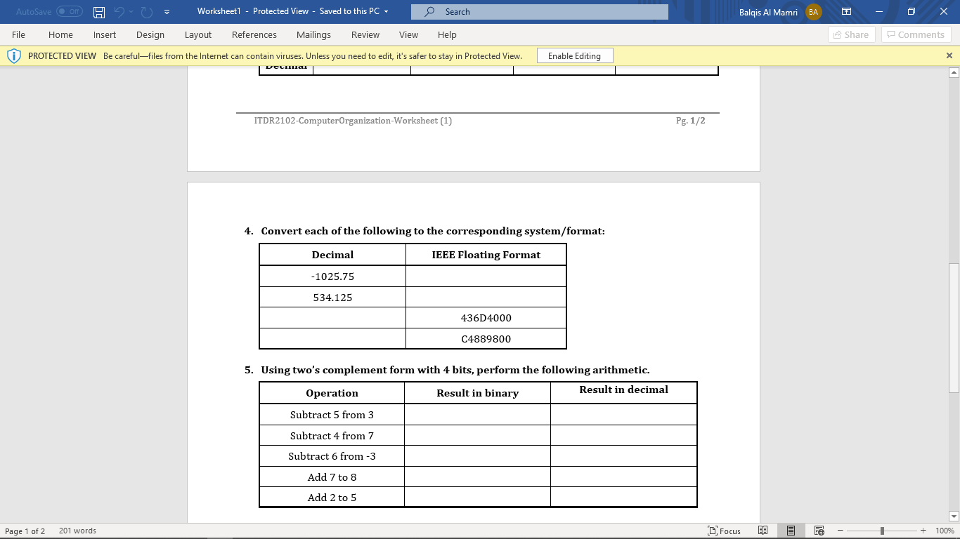 Solved AutoSave H Worksheet1 - Protected View - Saved to | Chegg.com